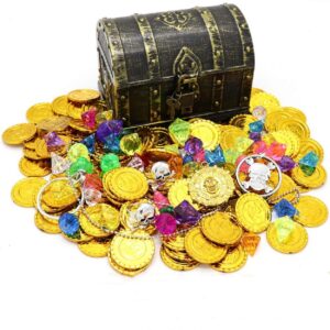 kids pirate treasure chest toy box antique color with lock for party favors props decoration/kids storage treasure chest with (100 plastic gold coins+100g gems+2earrings+2rings+1necklace)