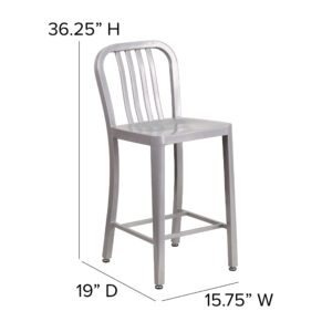 EMMA + OLIVER Commercial Grade 24" H Silver Metal Indoor-Outdoor Counter Stool w/Slat Back