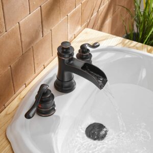 BWE 3 Hole Widespread Bathroom Faucet 8“ Oil Rubbed Bronze Farmhouse Waterfall Pop Up Drain Stopper Assembly with Overflow and Supply Line Lead-Free Two Handle Bath Lavatory Sink ORB Mixer Tap