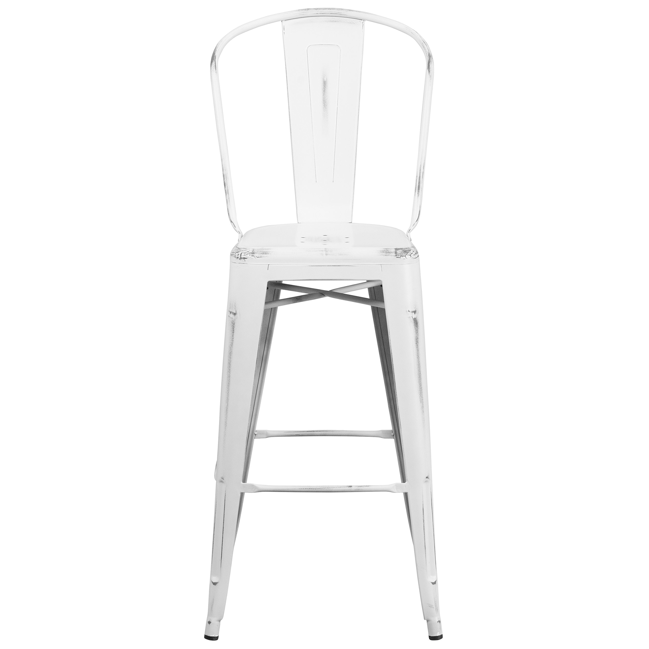 EMMA + OLIVER Commercial Grade 30" H Distressed White Metal Indoor-Outdoor Barstool w/Back