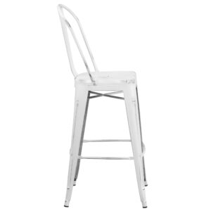 EMMA + OLIVER Commercial Grade 30" H Distressed White Metal Indoor-Outdoor Barstool w/Back