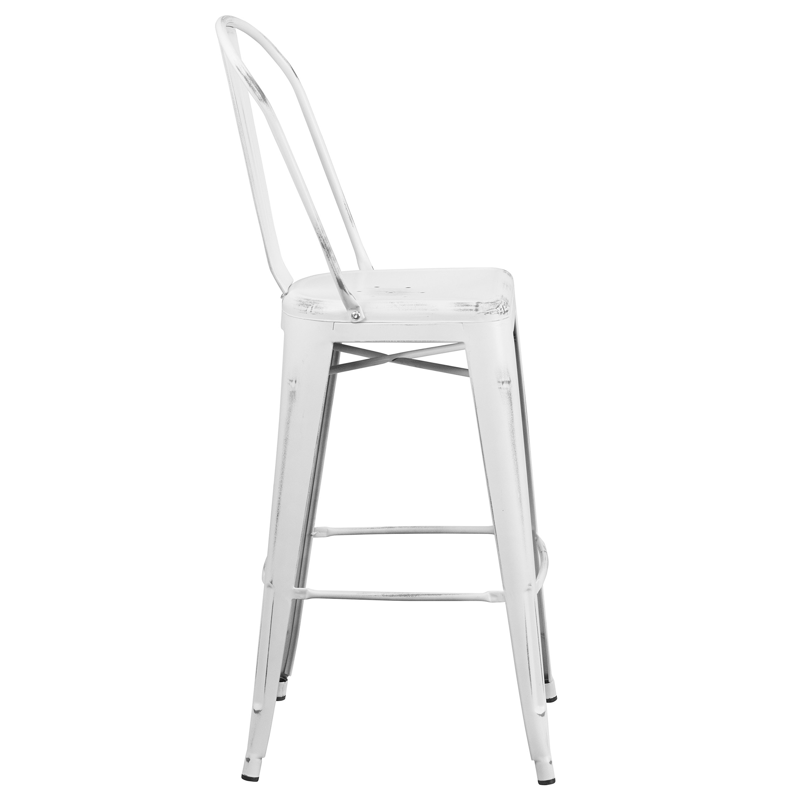 EMMA + OLIVER Commercial Grade 30" H Distressed White Metal Indoor-Outdoor Barstool w/Back