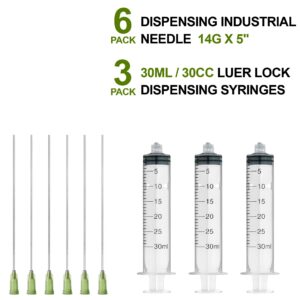 Rachel's Closeouts 6 packs of 14 Gauge Needle 5 inch with 3 Pcs 30ml Blunt Tip Syringe Needle| Blunt Tip Needle Industrial Dispensing Needle | Luer Lock Needle | Syringe needles |