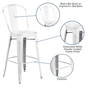 EMMA + OLIVER Commercial Grade 30" H Distressed White Metal Indoor-Outdoor Barstool w/Back