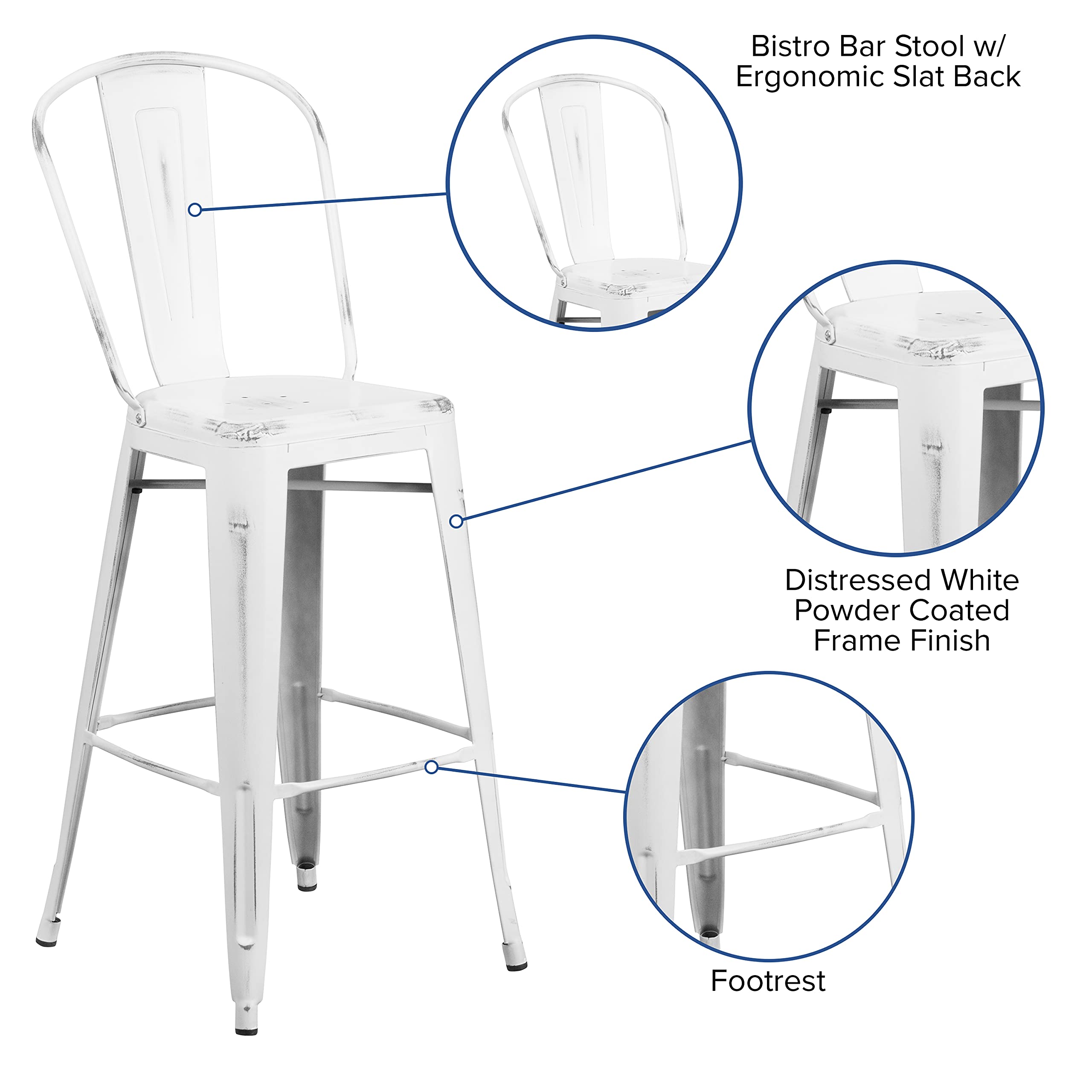 EMMA + OLIVER Commercial Grade 30" H Distressed White Metal Indoor-Outdoor Barstool w/Back