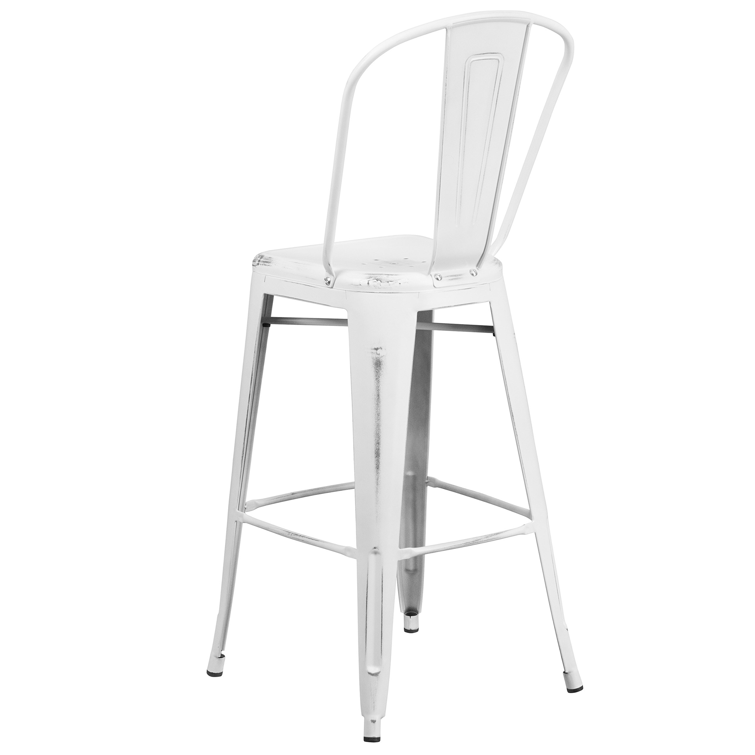 EMMA + OLIVER Commercial Grade 30" H Distressed White Metal Indoor-Outdoor Barstool w/Back