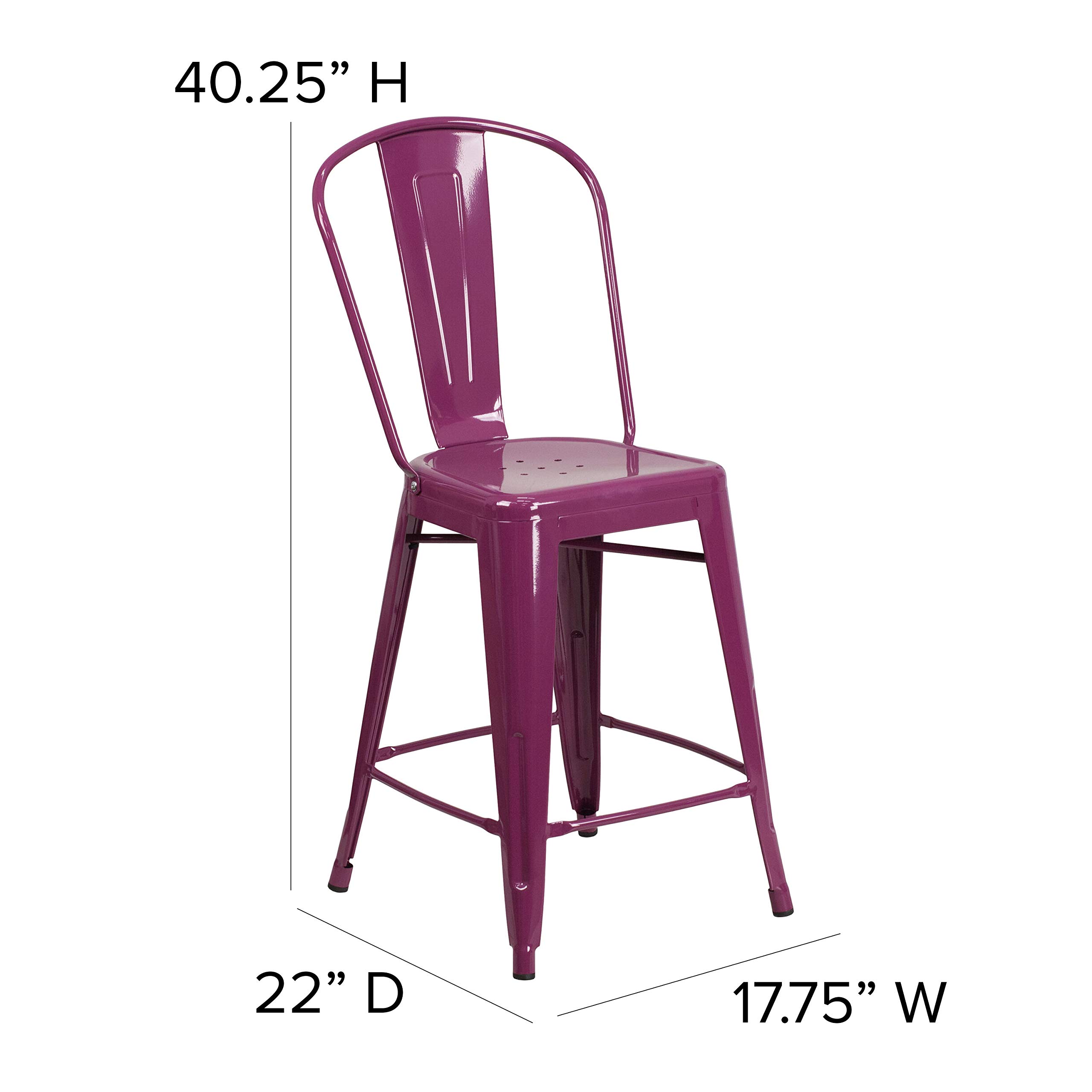 EMMA + OLIVER Commercial Grade 24" H Purple Metal Indoor-Outdoor Counter Height Stool with Back