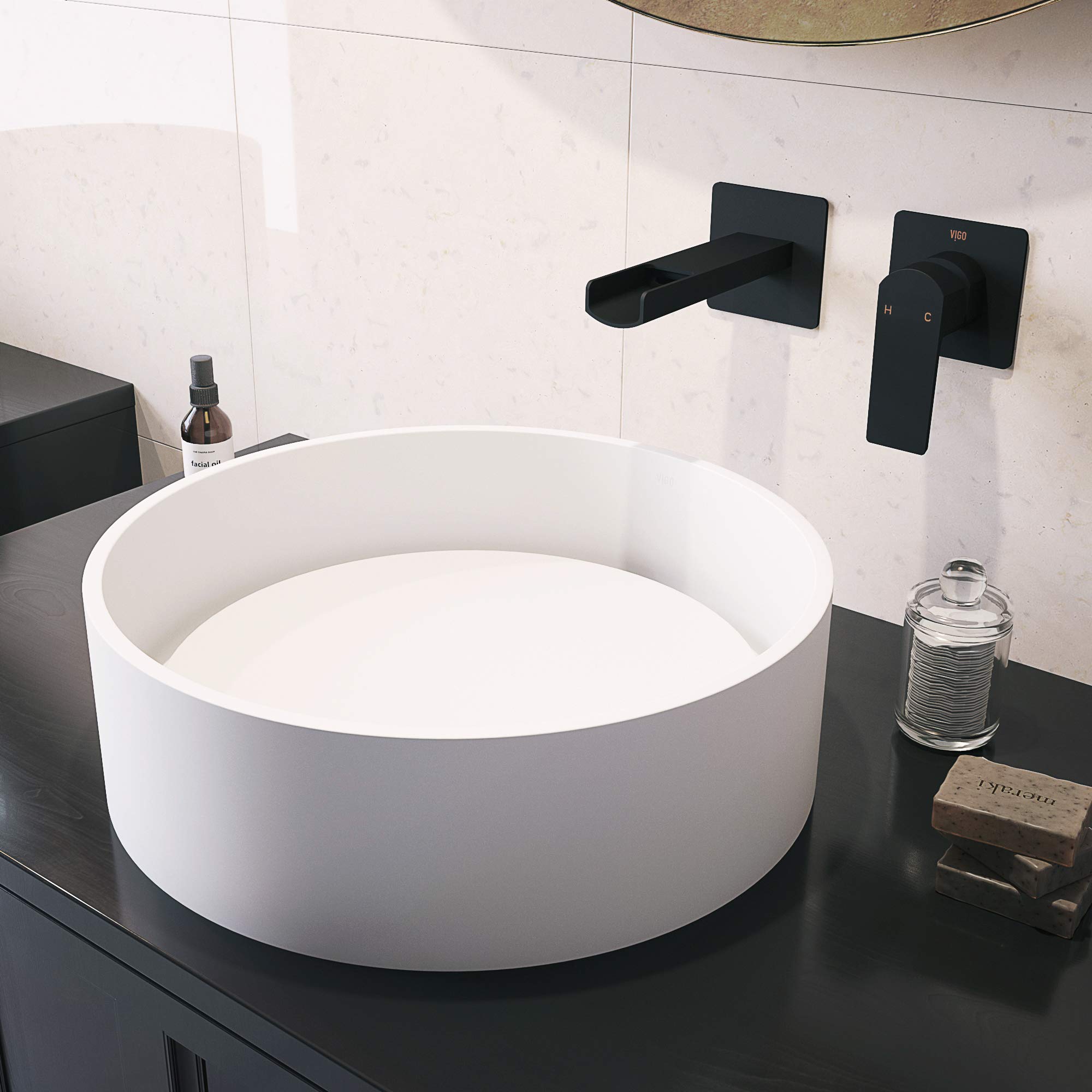 VIGO Anvil 16 inch Diameter Over the Counter Freestanding Matte Stone Round Vessel Bathroom Sink in Matte White - Sink for Bathroom VG04016