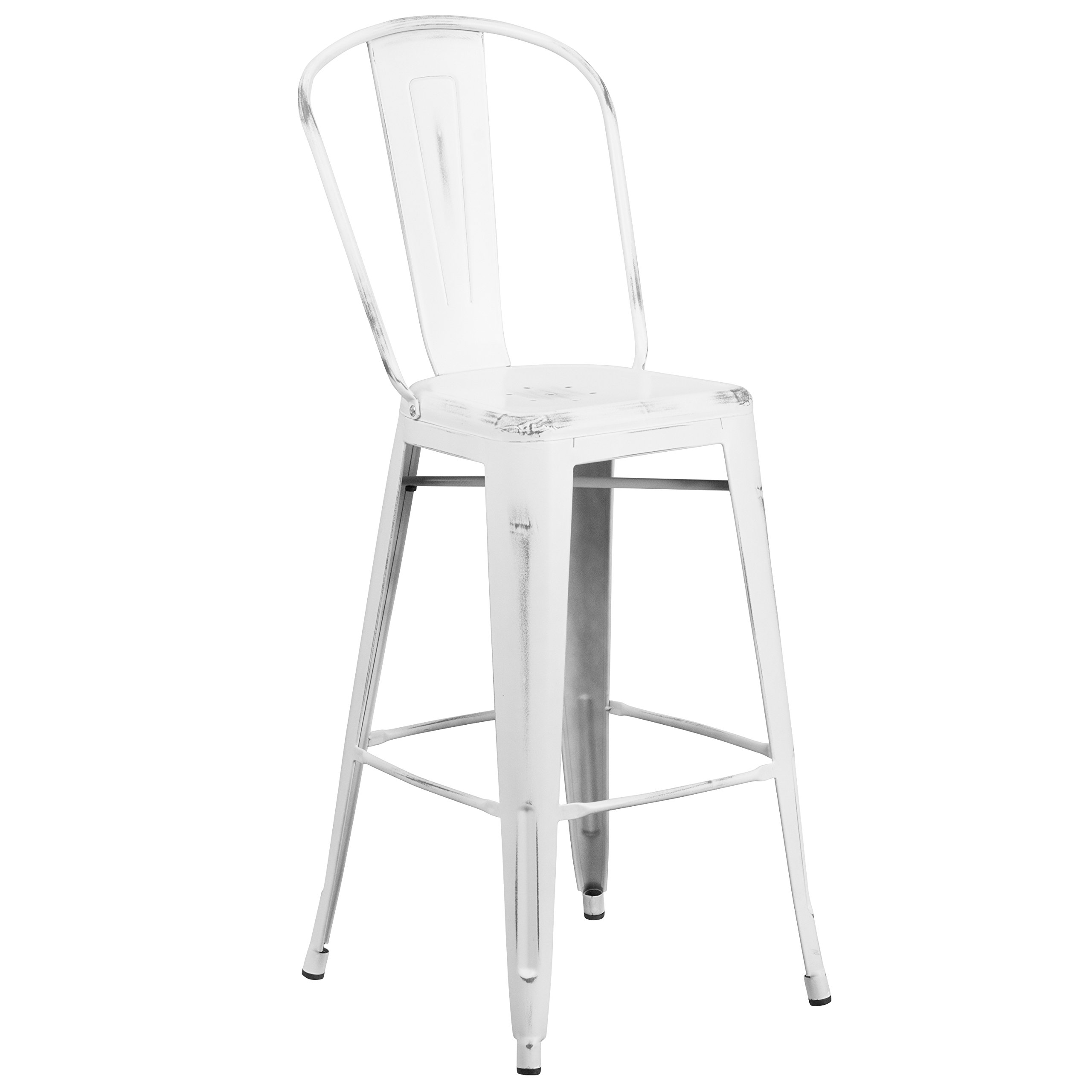 EMMA + OLIVER Commercial Grade 30" H Distressed White Metal Indoor-Outdoor Barstool w/Back