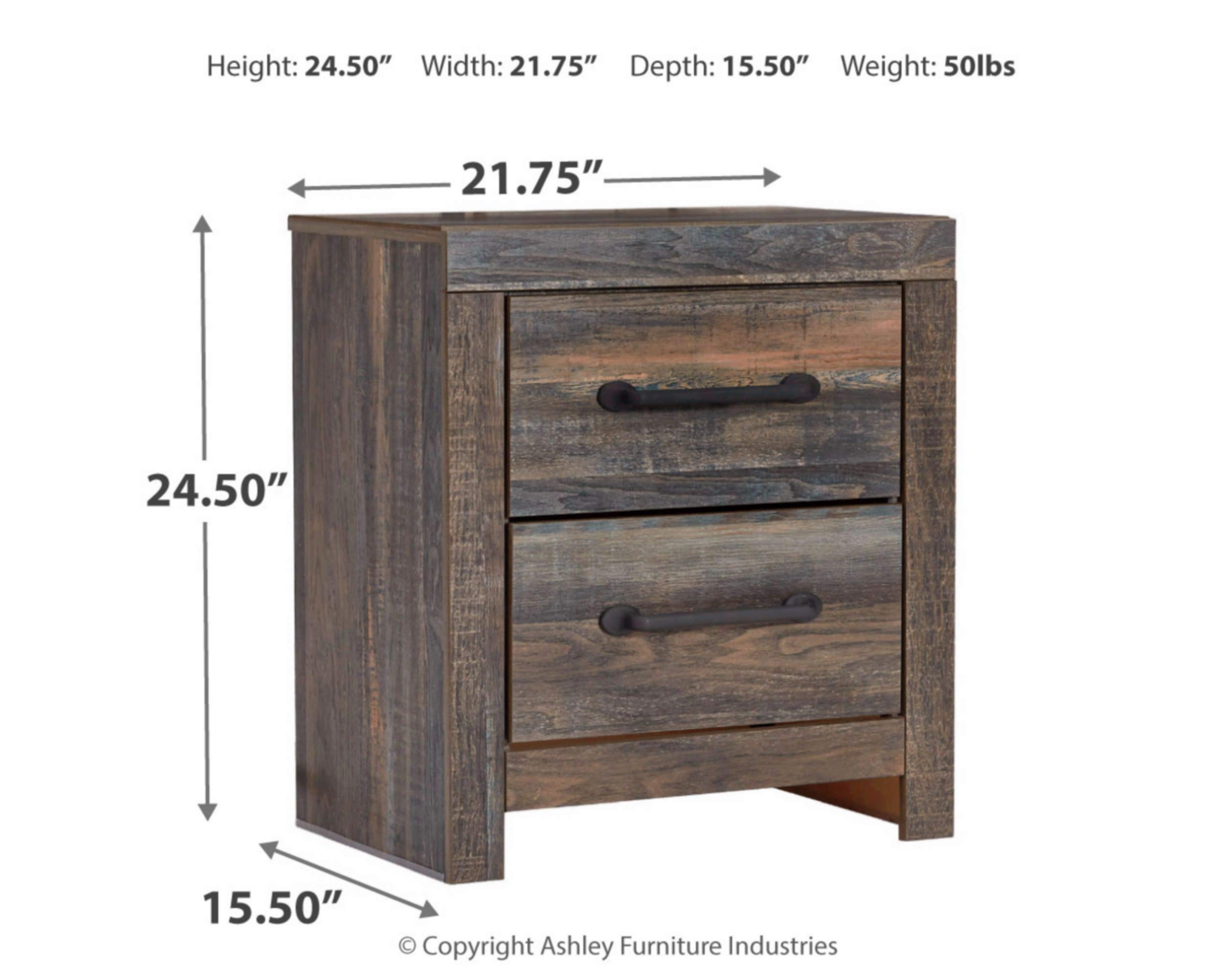 Signature Design by Ashley Drystan Rustic Industrial 2 Drawer Nightstand with 2 Slim-Profile USB Charging Stations, 24.37" Tall, Weatherworn Brown