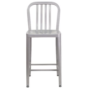 EMMA + OLIVER Commercial Grade 24" H Silver Metal Indoor-Outdoor Counter Stool w/Slat Back