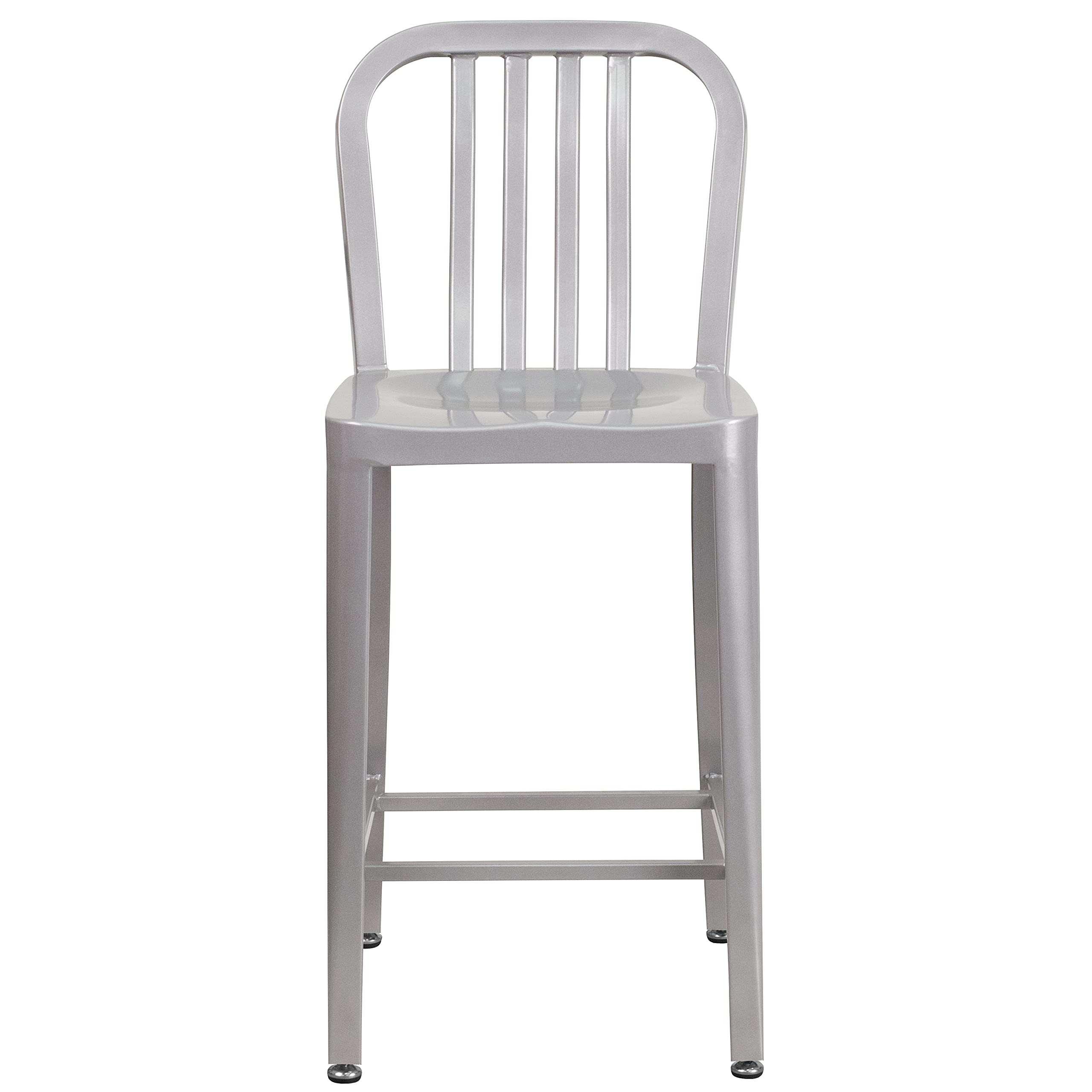 EMMA + OLIVER Commercial Grade 24" H Silver Metal Indoor-Outdoor Counter Stool w/Slat Back