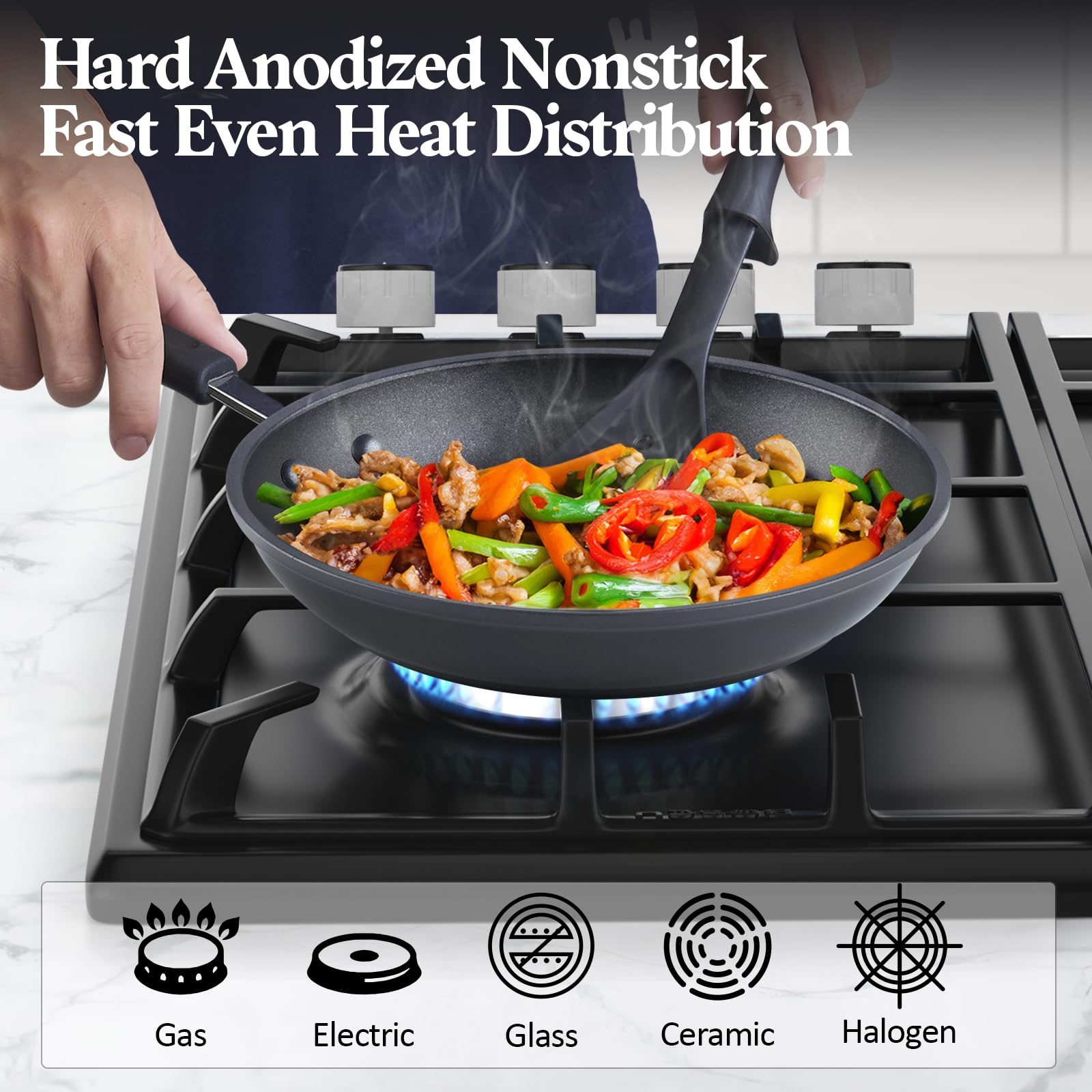 Cook N Home Nonstick Sauté Fry Pan Professional Hard Anodized (8 and 9.5 inch) 2 Piece Skillets Cookware Sets, Black