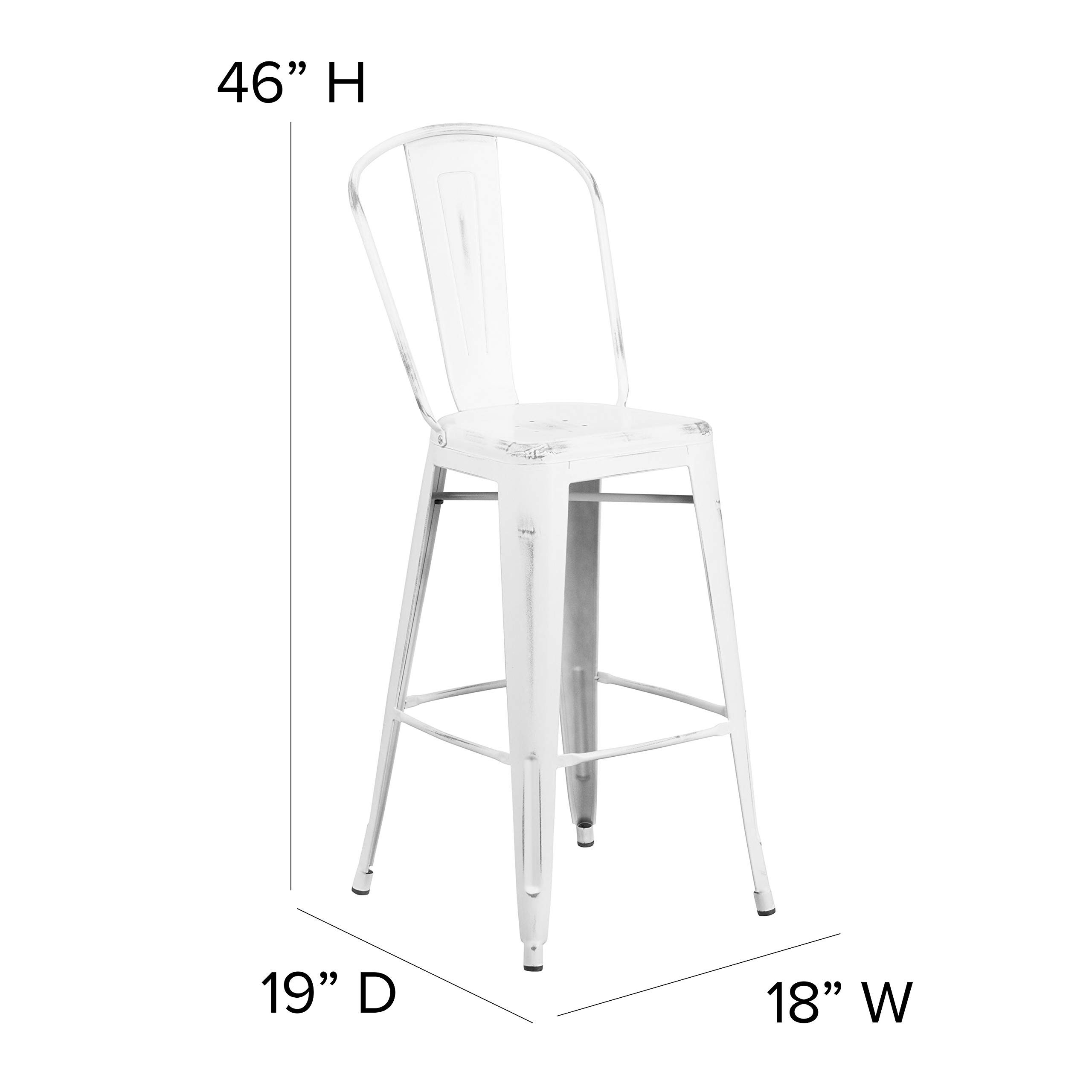 EMMA + OLIVER Commercial Grade 30" H Distressed White Metal Indoor-Outdoor Barstool w/Back