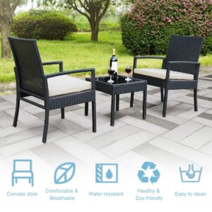 ReunionG 3 Piece Conversation Wicker Rattan Outdoor Patio Furniture Set with 2 Cushioned Chairs & End Table, Black