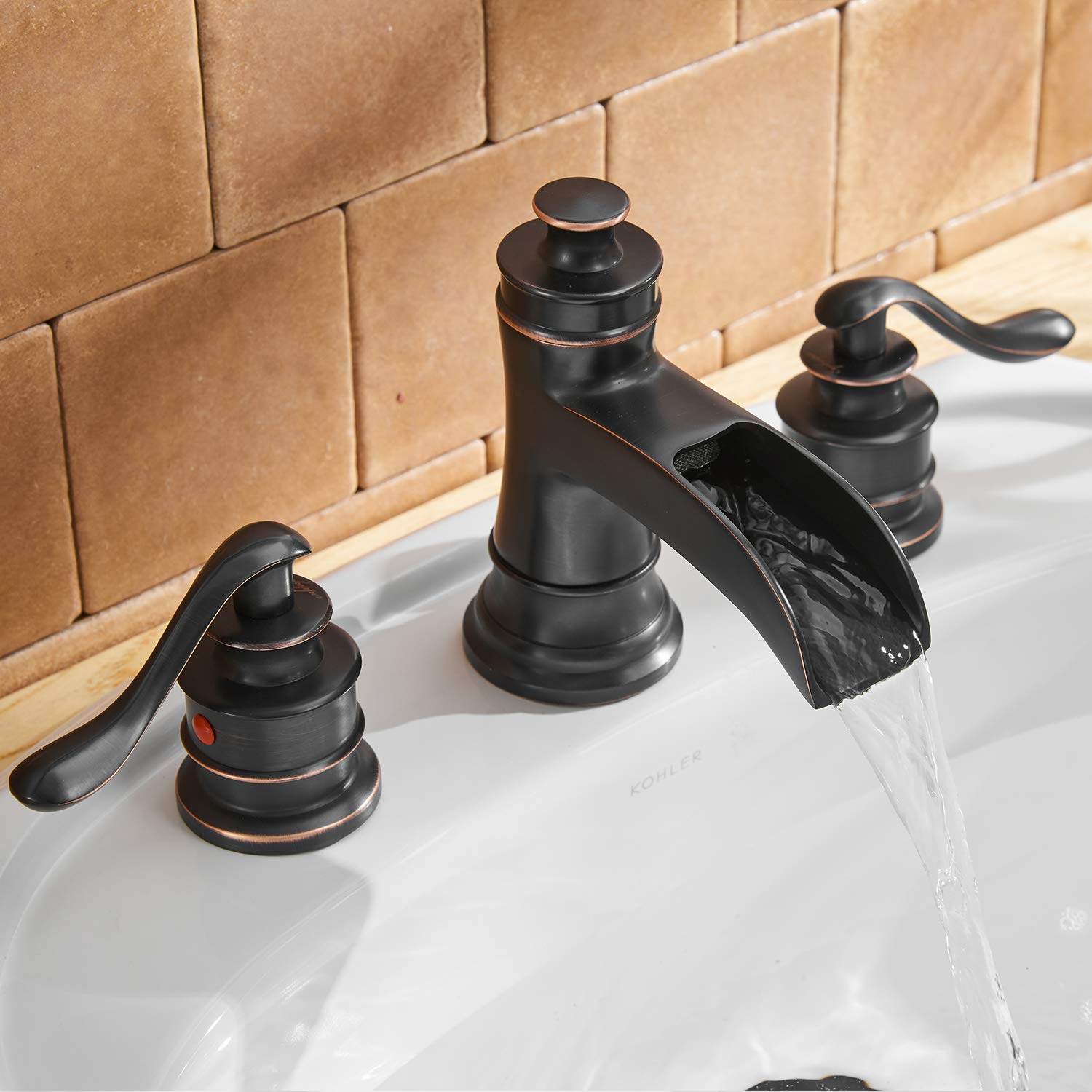 BWE 3 Hole Widespread Bathroom Faucet 8“ Oil Rubbed Bronze Farmhouse Waterfall Pop Up Drain Stopper Assembly with Overflow and Supply Line Lead-Free Two Handle Bath Lavatory Sink ORB Mixer Tap