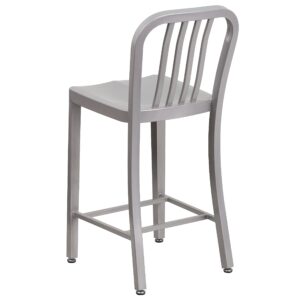 EMMA + OLIVER Commercial Grade 24" H Silver Metal Indoor-Outdoor Counter Stool w/Slat Back