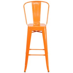 EMMA + OLIVER Commercial Grade 30" H Orange Metal Indoor-Outdoor Barstool with Back