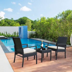 ReunionG 3 Piece Conversation Wicker Rattan Outdoor Patio Furniture Set with 2 Cushioned Chairs & End Table, Black