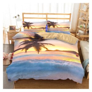 ocean duvet cover set queen size, tropical island with the palm trees and sea beach nature theme print, a decorative 3 piece bedding set with 2 pillow shams, turquoise blue