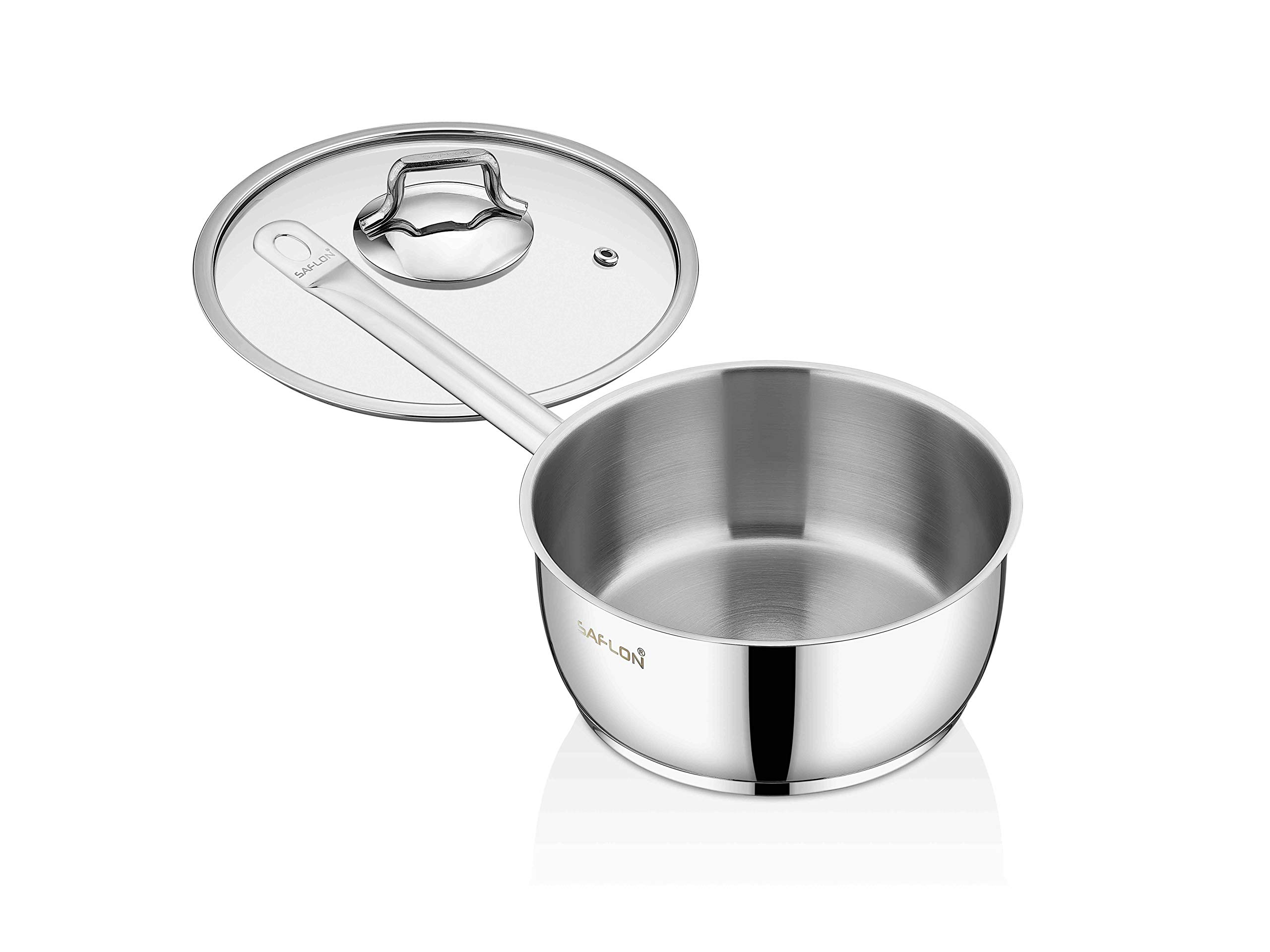 Saflon Stainless Steel Tri-Ply Capsulated Bottom 3 Quart Sauce Pan with Glass Lid, Induction Ready, Oven and Dishwasher Safe