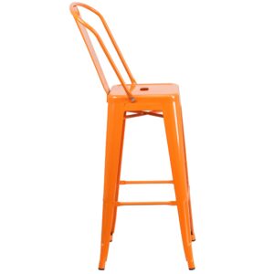 EMMA + OLIVER Commercial Grade 30" H Orange Metal Indoor-Outdoor Barstool with Back