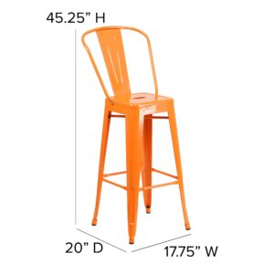 EMMA + OLIVER Commercial Grade 30" H Orange Metal Indoor-Outdoor Barstool with Back