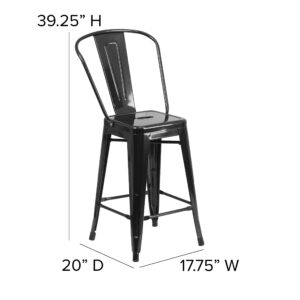 EMMA + OLIVER Commercial Grade 24" H Black Metal Indoor-Outdoor Counter Height Stool w/Back