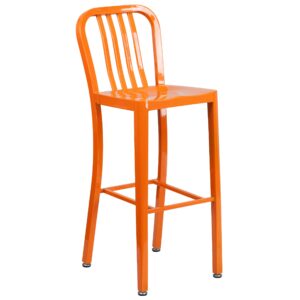 EMMA + OLIVER Commercial Grade 30" H Orange Metal Indoor-Outdoor Barstool with Slat Back