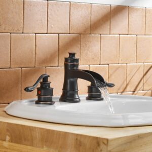 BWE 3 Hole Widespread Bathroom Faucet 8“ Oil Rubbed Bronze Farmhouse Waterfall Pop Up Drain Stopper Assembly with Overflow and Supply Line Lead-Free Two Handle Bath Lavatory Sink ORB Mixer Tap