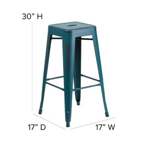 EMMA + OLIVER Commercial 30" H Backless Distressed Blue-Teal Metal Indoor-Outdoor Barstool