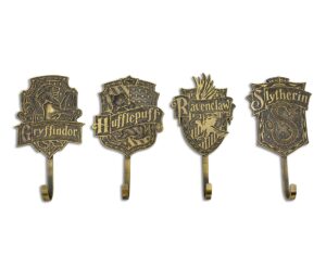 harry potter gold hogwarts houses wall hooks storage rack organizer, set of 4 | freestanding hat and coat rack wall mount, home decor room essentials | official wizarding world gifts and collectibles