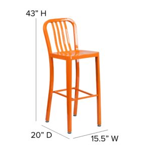 EMMA + OLIVER Commercial Grade 30" H Orange Metal Indoor-Outdoor Barstool with Slat Back