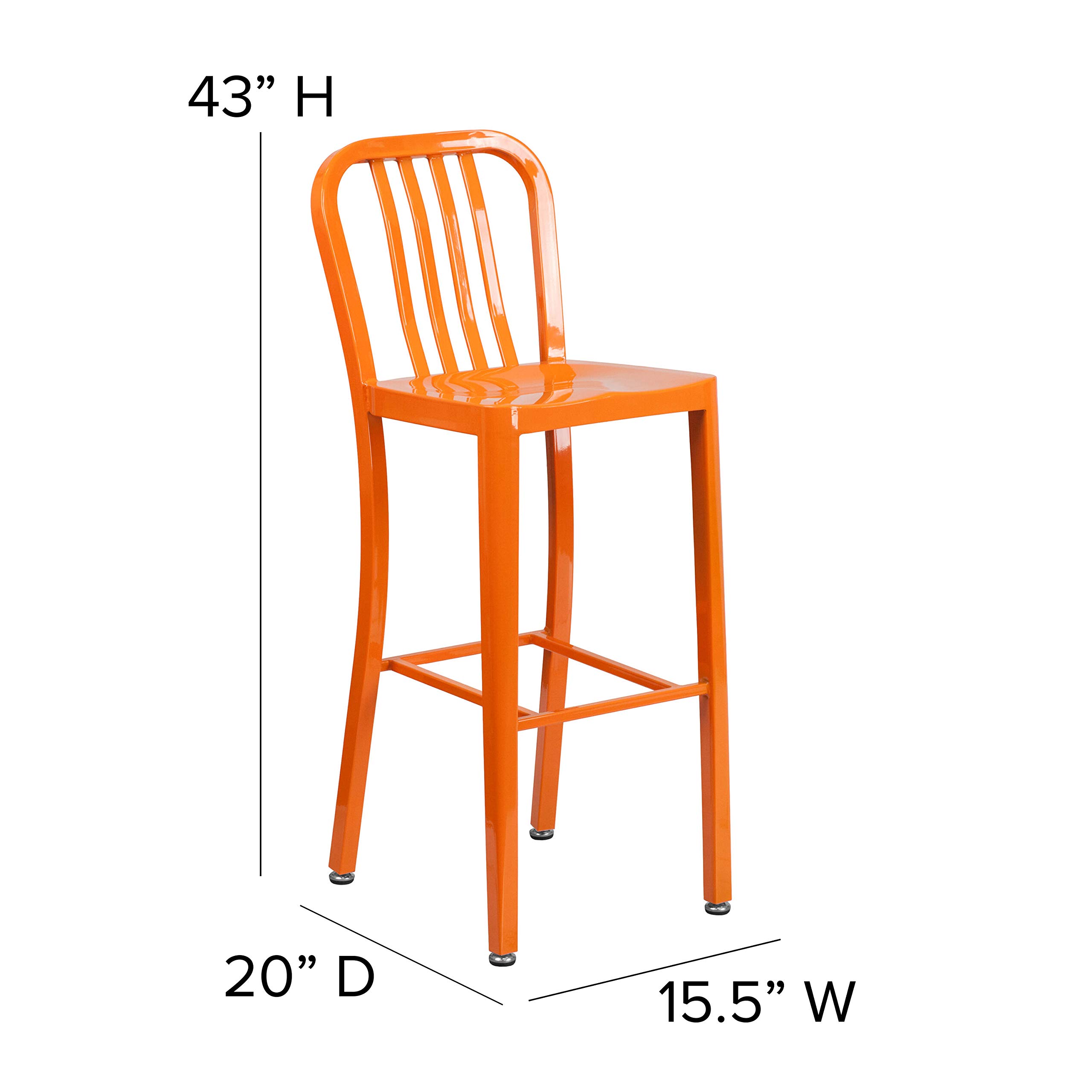 EMMA + OLIVER Commercial Grade 30" H Orange Metal Indoor-Outdoor Barstool with Slat Back