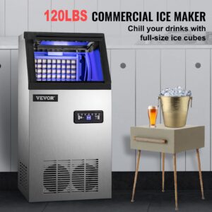 Happybuy 110V Commercial Ice Maker Machine, 120LBS/24H Stainless Steel Ice Maker Machine 22lbs Storage Automatic Ice Machine for Home Restaurant Bar Cafe, Scoop and Connection Hoses Included