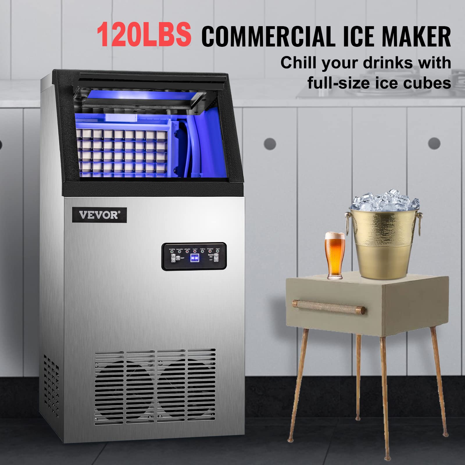 Happybuy 110V Commercial Ice Maker Machine, 120LBS/24H Stainless Steel Ice Maker Machine 22lbs Storage Automatic Ice Machine for Home Restaurant Bar Cafe, Scoop and Connection Hoses Included