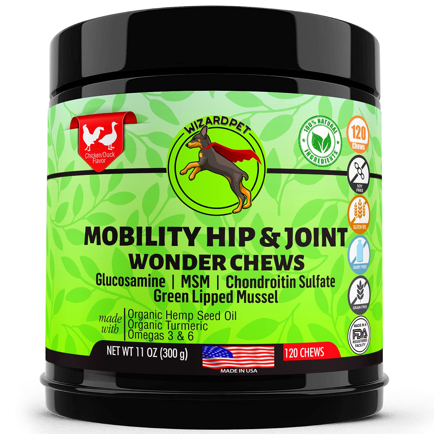 WIZARDPET Advanced Hemp Hip and Joint Supplement for Dogs - Hemp Oil Glucosamine Chondroitin for Dog - Omegas - Turmeric - MSM - Green Lipped Mussel, Made in USA Treats Support Mobility - 120 Chews