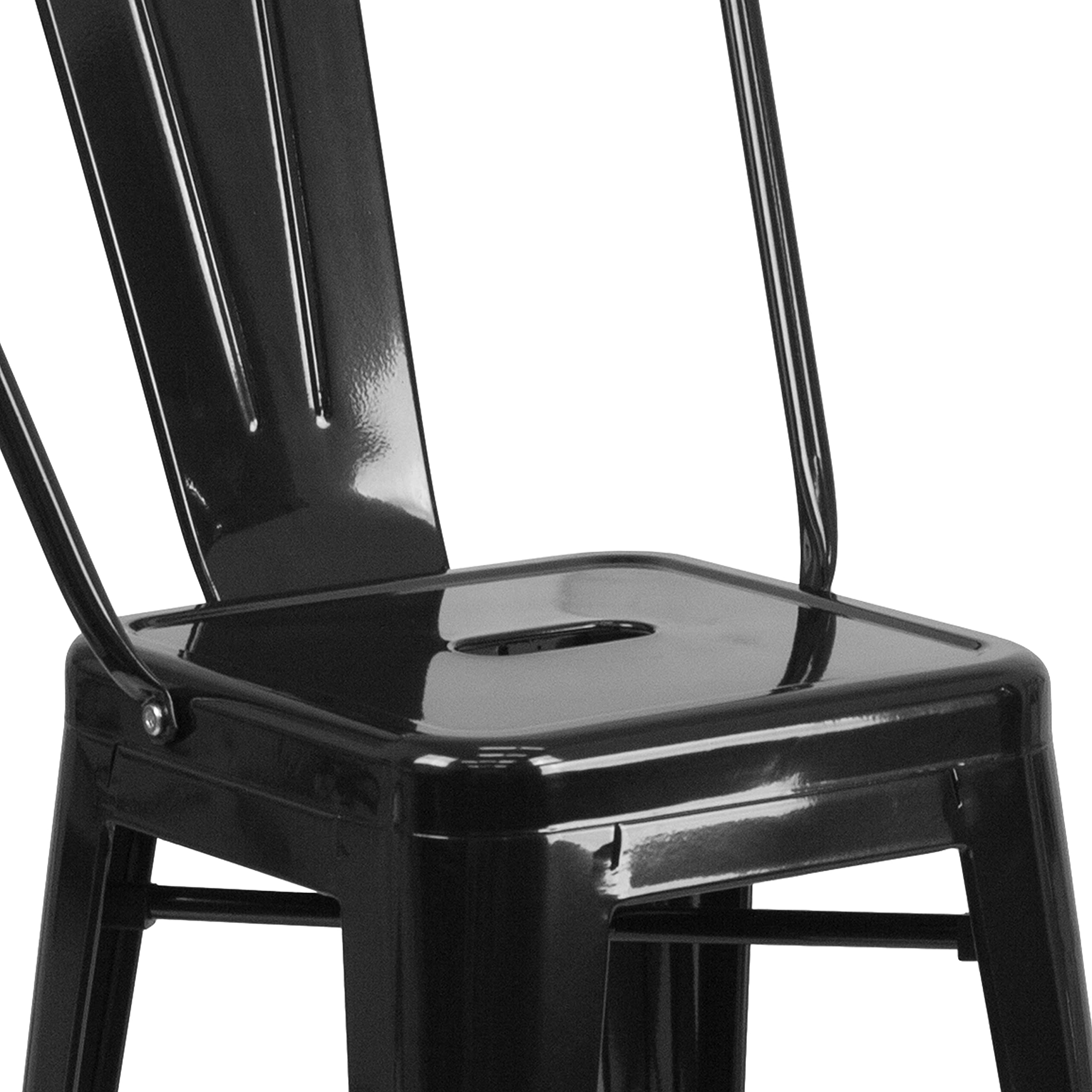 EMMA + OLIVER Commercial Grade 24" H Black Metal Indoor-Outdoor Counter Height Stool w/Back