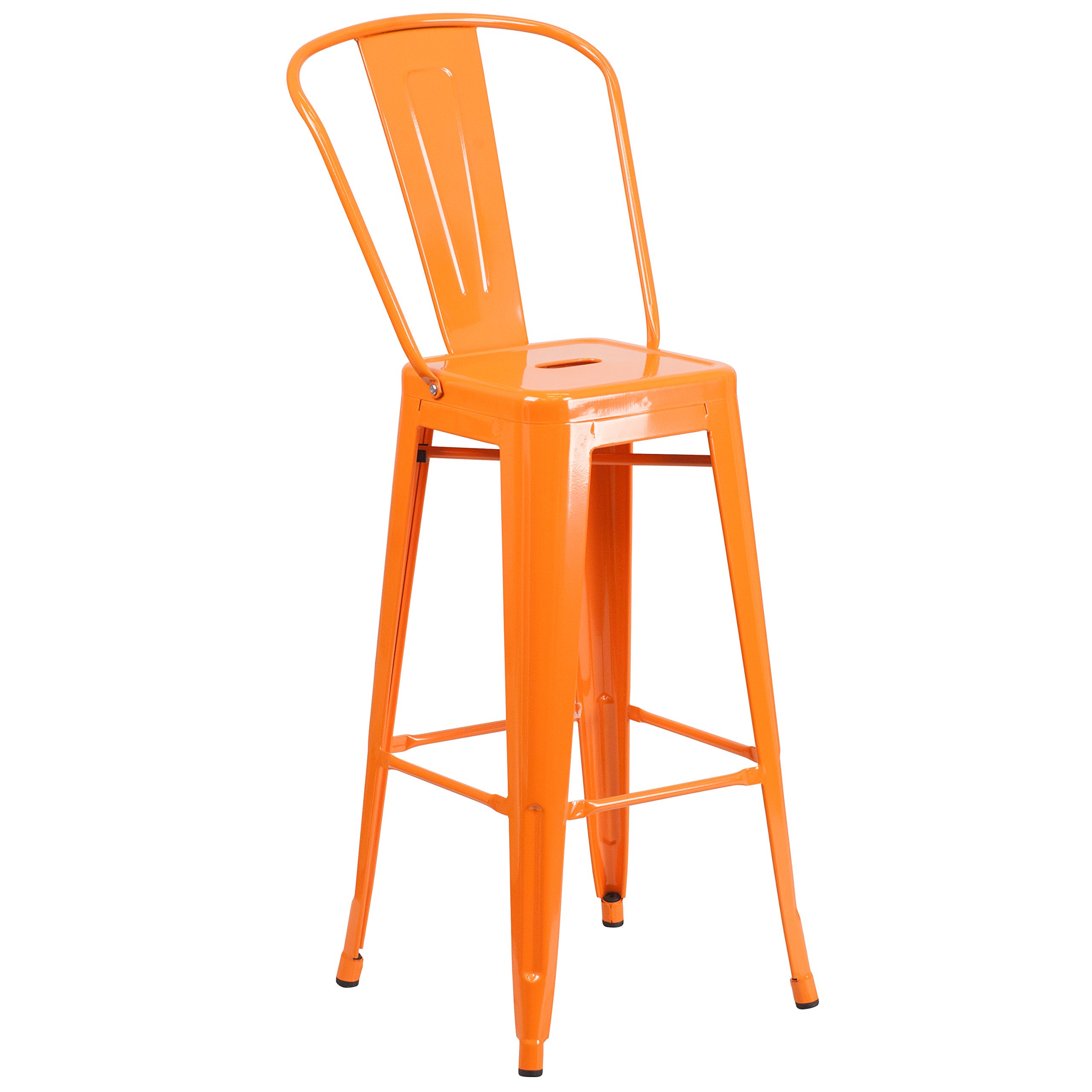 EMMA + OLIVER Commercial Grade 30" H Orange Metal Indoor-Outdoor Barstool with Back