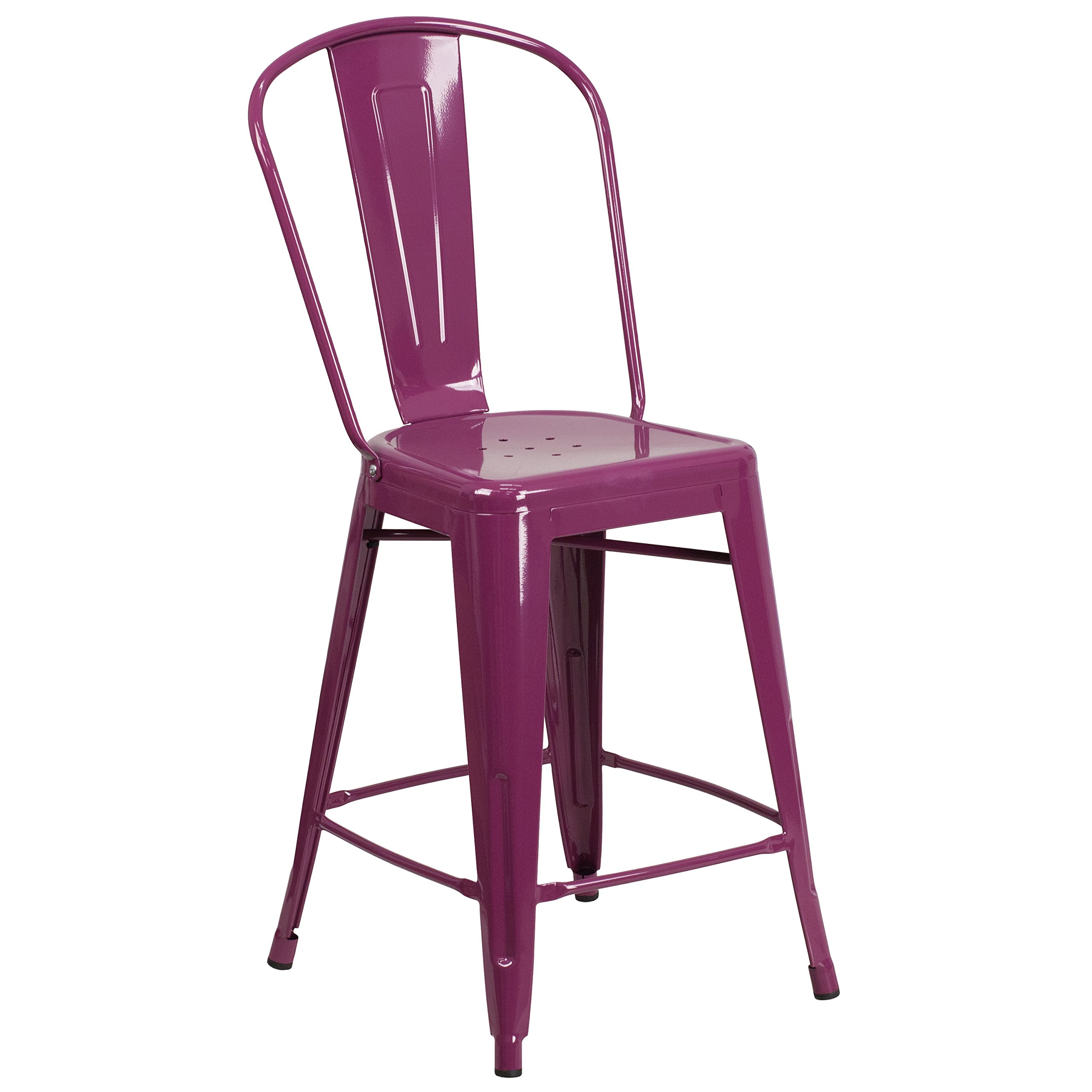 EMMA + OLIVER Commercial Grade 24" H Purple Metal Indoor-Outdoor Counter Height Stool with Back