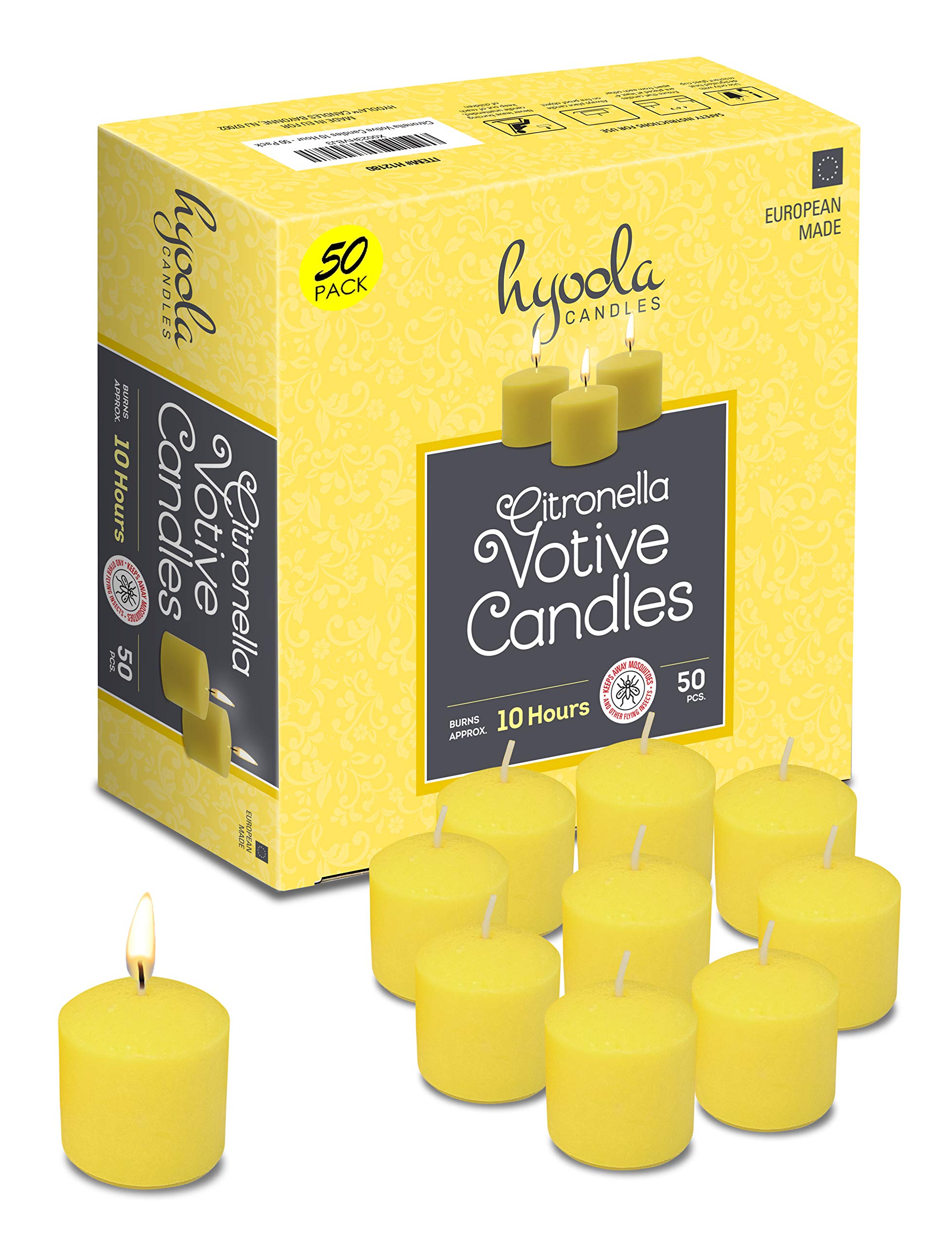 HYOOLA Citronella Votive Candles - 10 Hour Burn Time - 50 Pack, Ideal Bug Repellent Candles, European Made