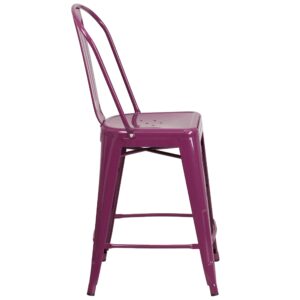 EMMA + OLIVER Commercial Grade 24" H Purple Metal Indoor-Outdoor Counter Height Stool with Back