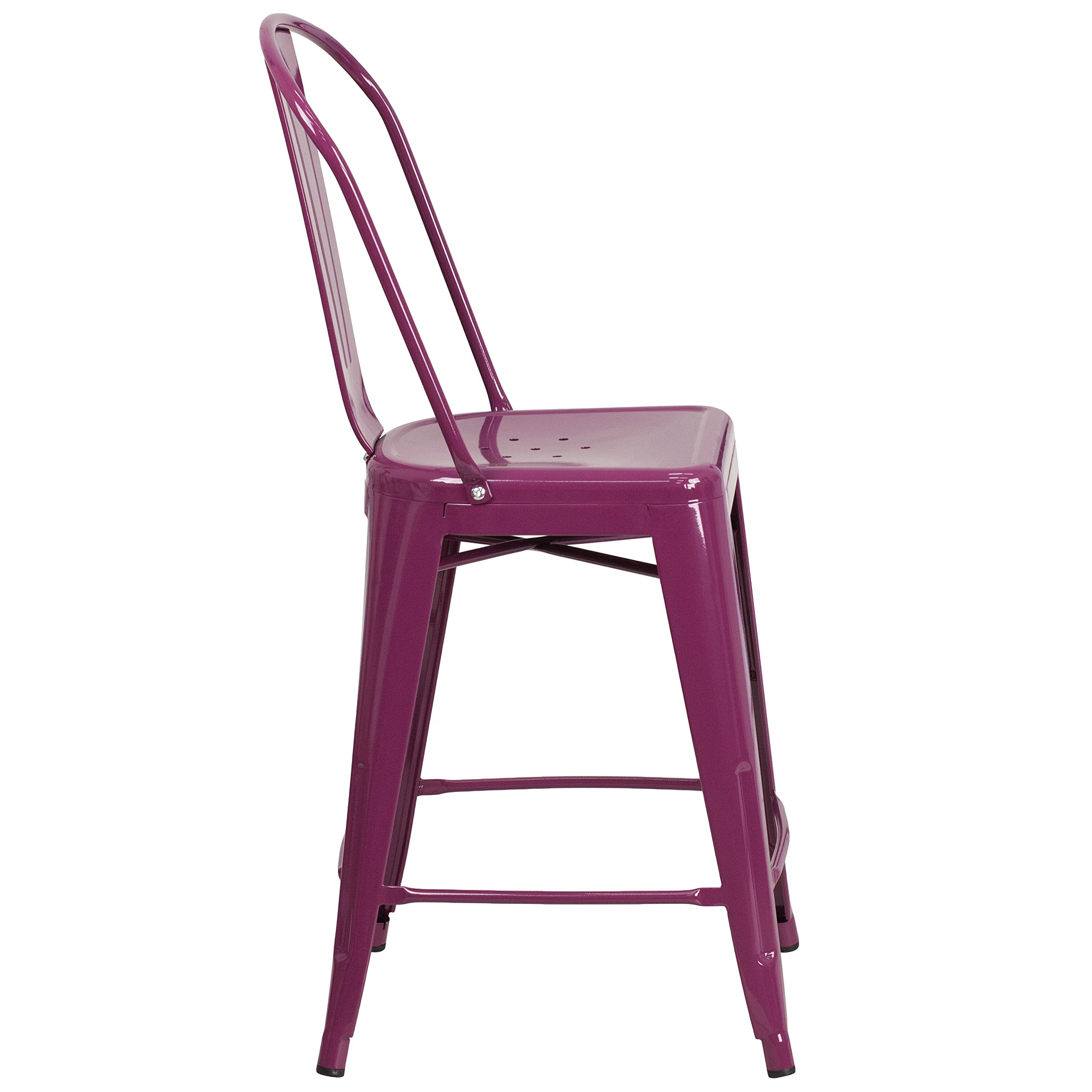 EMMA + OLIVER Commercial Grade 24" H Purple Metal Indoor-Outdoor Counter Height Stool with Back