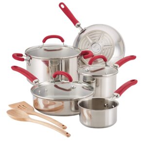 rachael ray create delicious stainless steel cookware set, 10-piece pots and pans set, stainless steel with red handles