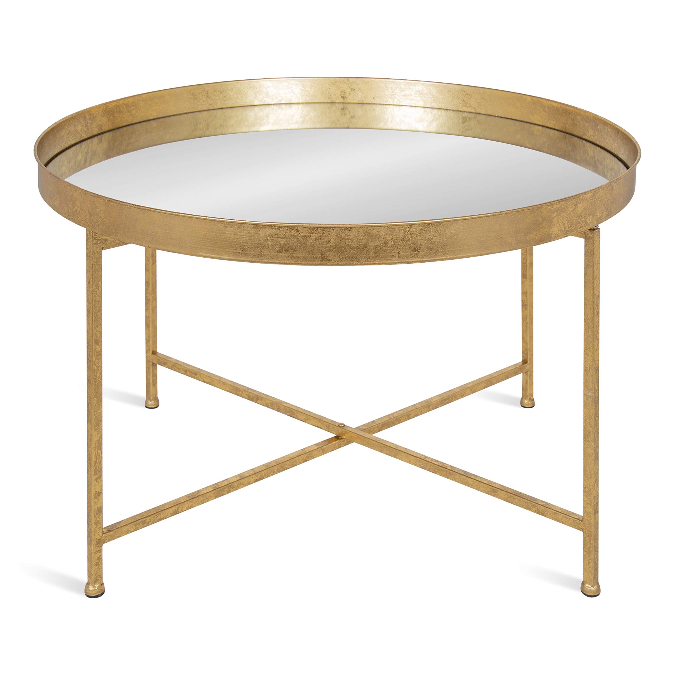 Kate and Laurel Celia Metal Foldable Round Accent Coffee Table, 28.25" x 28.25" x 19", Mirrored Surface and Gold Frame, Modern Minimalist Design and Detachable Magnetic Tabletop