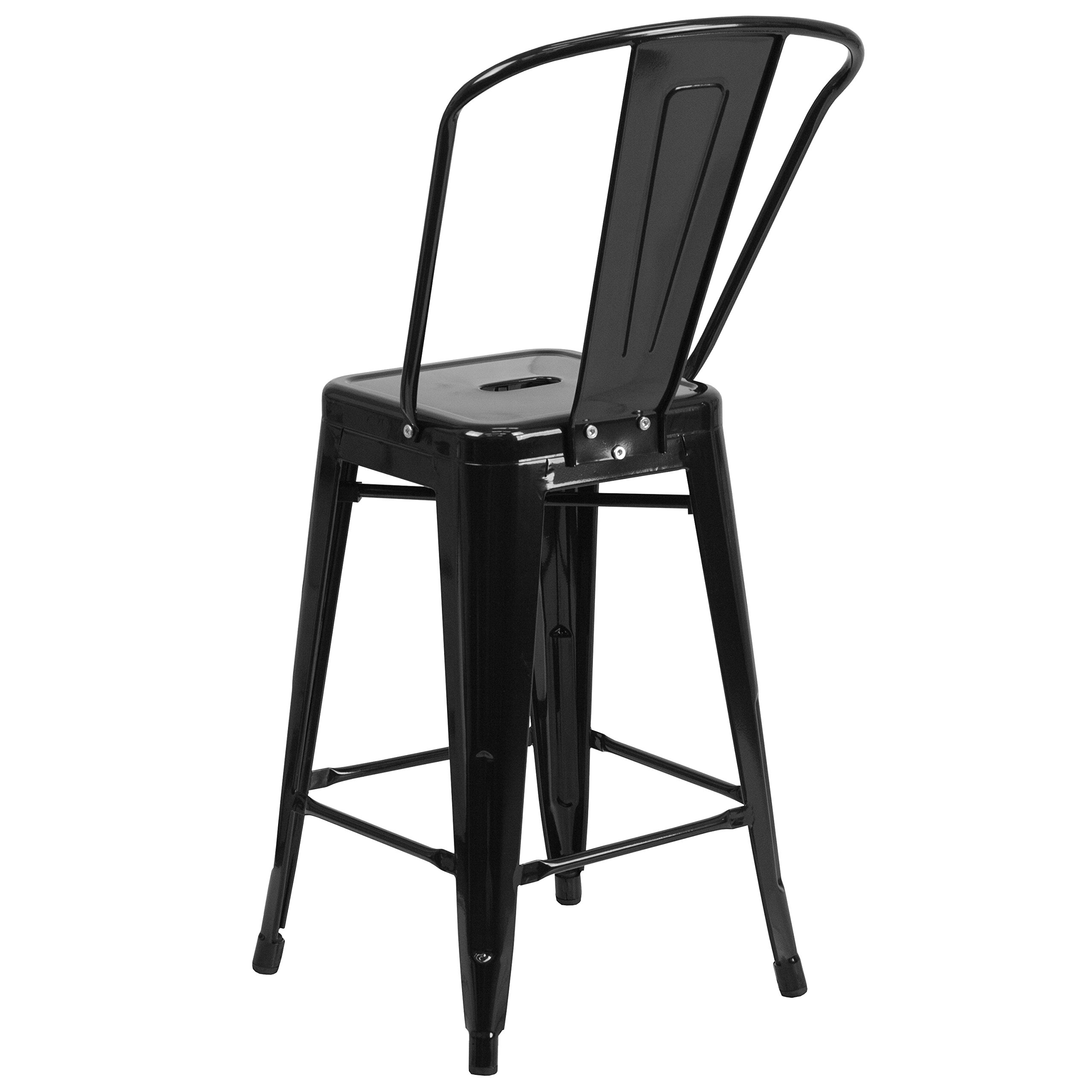 EMMA + OLIVER Commercial Grade 24" H Black Metal Indoor-Outdoor Counter Height Stool w/Back