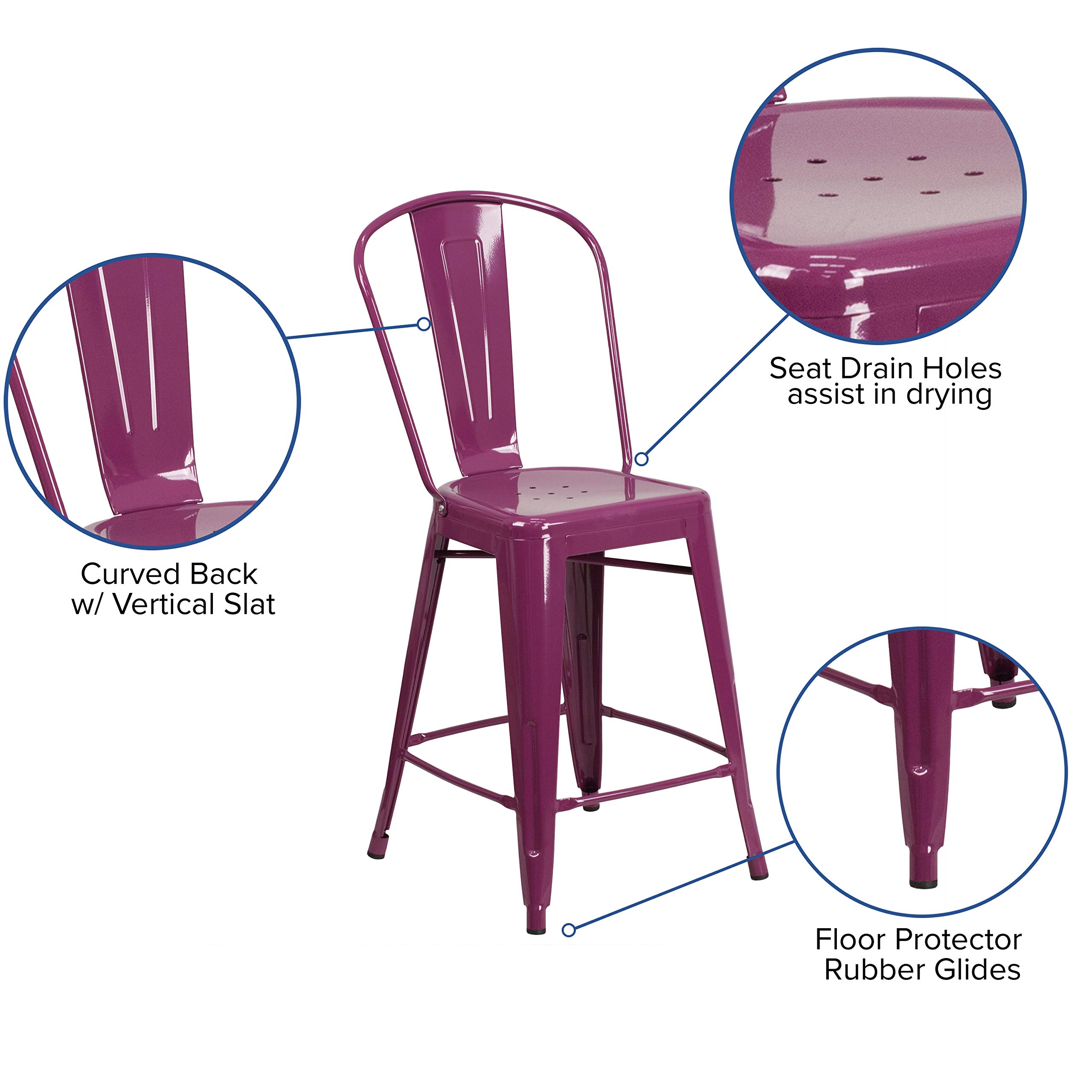 EMMA + OLIVER Commercial Grade 24" H Purple Metal Indoor-Outdoor Counter Height Stool with Back