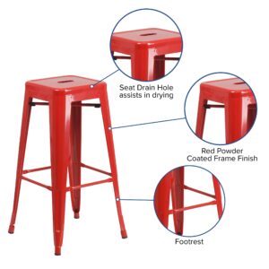 EMMA + OLIVER Commercial Grade 30" H Backless Red Metal Indoor-Outdoor Barstool, Square