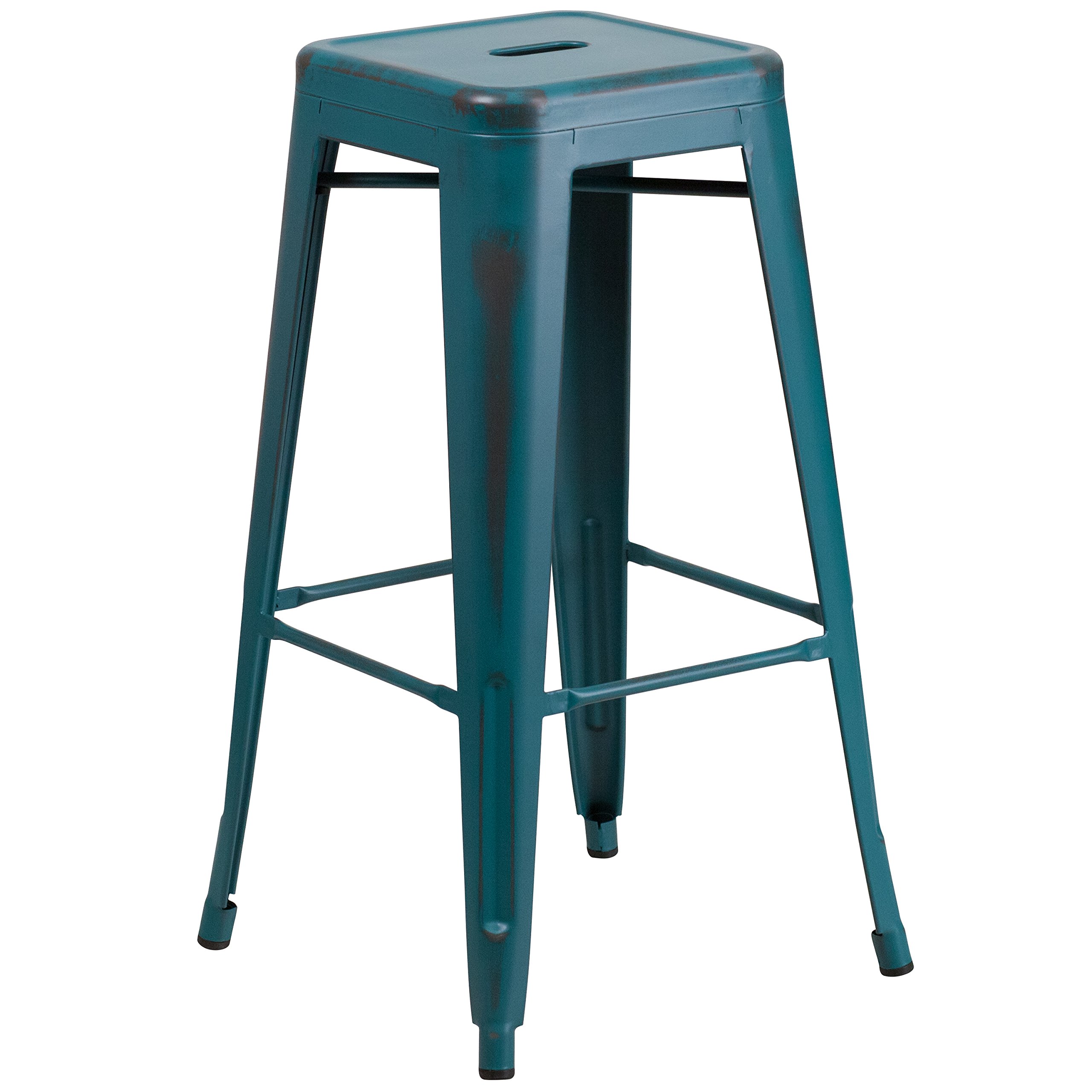 EMMA + OLIVER Commercial 30" H Backless Distressed Blue-Teal Metal Indoor-Outdoor Barstool