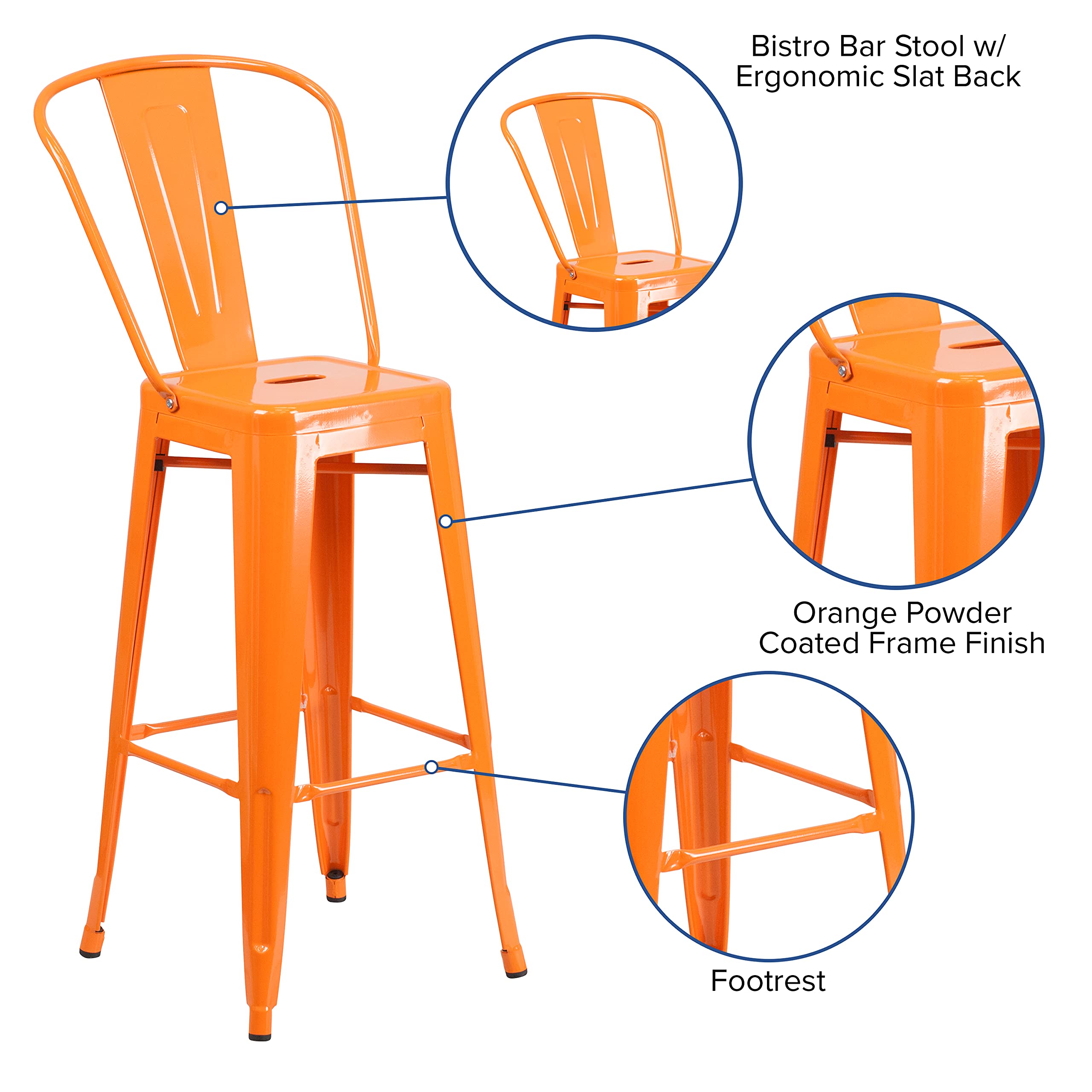 EMMA + OLIVER Commercial Grade 30" H Orange Metal Indoor-Outdoor Barstool with Back